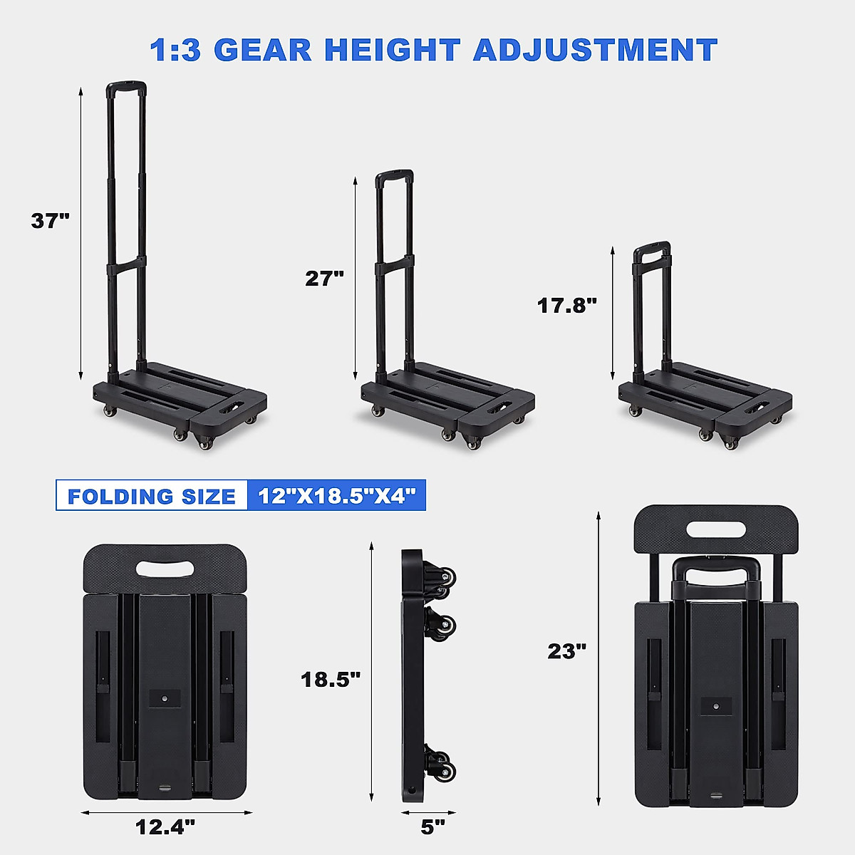 Outspurge Folding Hand Truck Dolly 600LB ，Portable Dolly for Heavy Duty Moving Luggage Carts with 6 Wheels Dolly with Handle 2 Elastic Rope for Travel, Moving, Shopping,Office Use