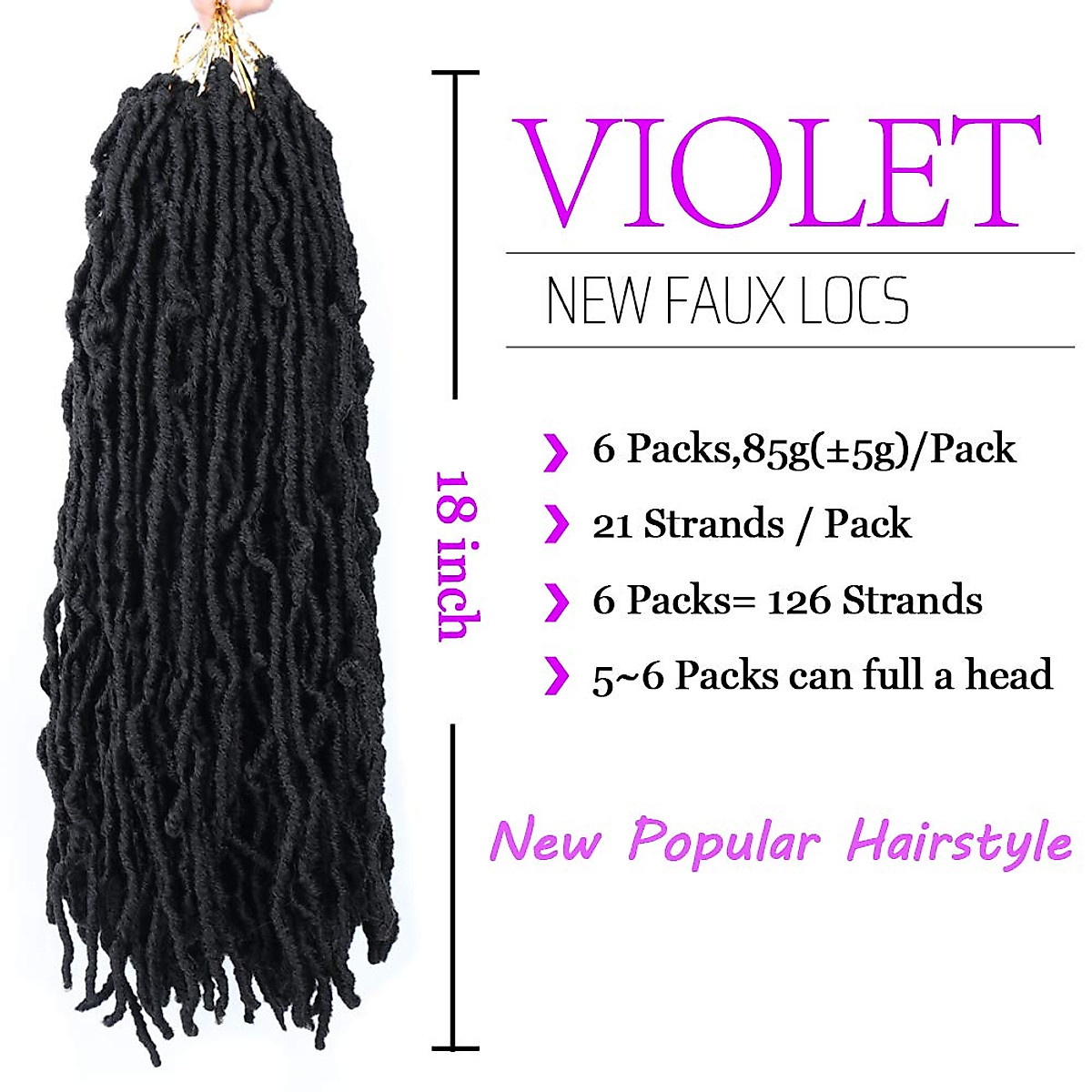 Violet 18 Inch New Faux Locs Crochet Hair Soft Locs Crochet Hair Natural Faux Braids Pre-looped Synthetic Afro Roots Braid For Black Women (18Inch, 6Packs, 1B)