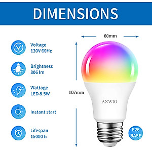 ANWIO 4-Pack Smart Light Bulbs 8.5W (60W Replacement) A19 E26 LED Bulb Work with Alexa, Google Assistant, Smart Life App, Tuya App, Color Changing, No Hub Required