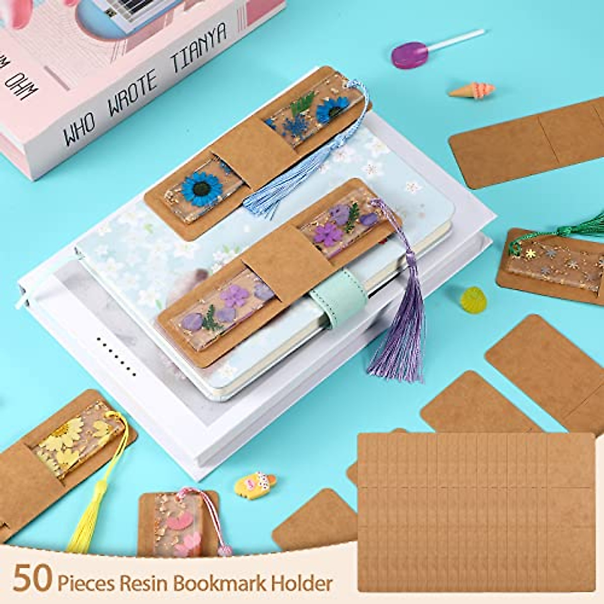 Fumete 50 Pieces Resin Bookmark Holder 5.9 x 1.8 Inches Kraft Bookmark Sleeves DIY Bookmarks Display Cards for Bookmark Wrapping Small Business Packaging Supplies Party Favor Gift (Brown, Cute)