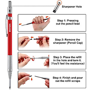 Enhon 2mm Mechanical Carpenter Pencil Set with 12 Marker Refills and Sharpener, Woodworking Marking Tool Solid Deep Hole Construction Pencil, Extended Needle-Nose Tip for Use in Jobs (Black, Red)