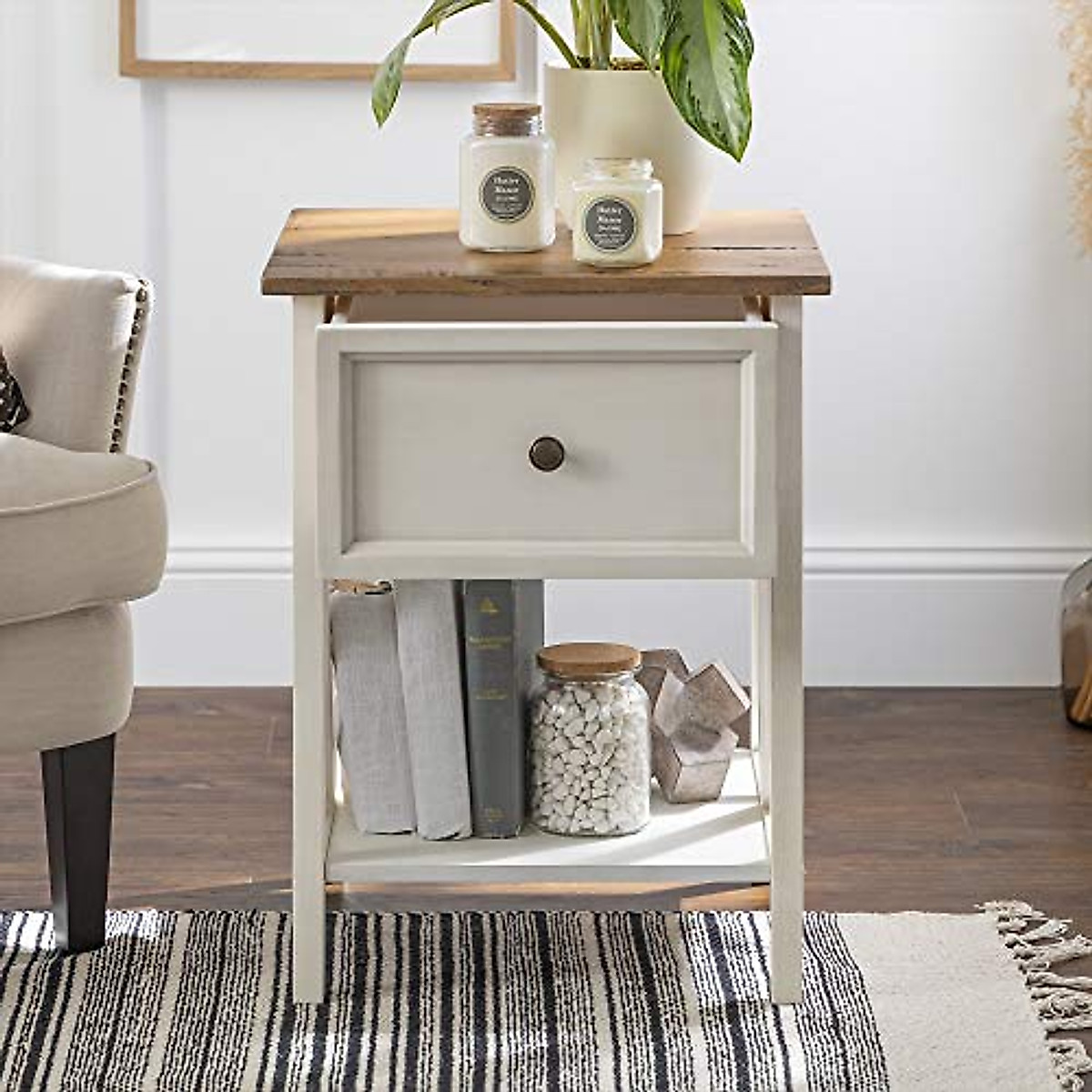 Walker Edison Natalee Modern Farmhouse 1 Drawer Wood Square Side Table Living Room Small End Accent Table, 19 Inch, Rustic Oak and White