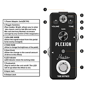Rowin Plexion Distortion Pedal for Guitar and Bass with Bright and Normal Mode True Bypass