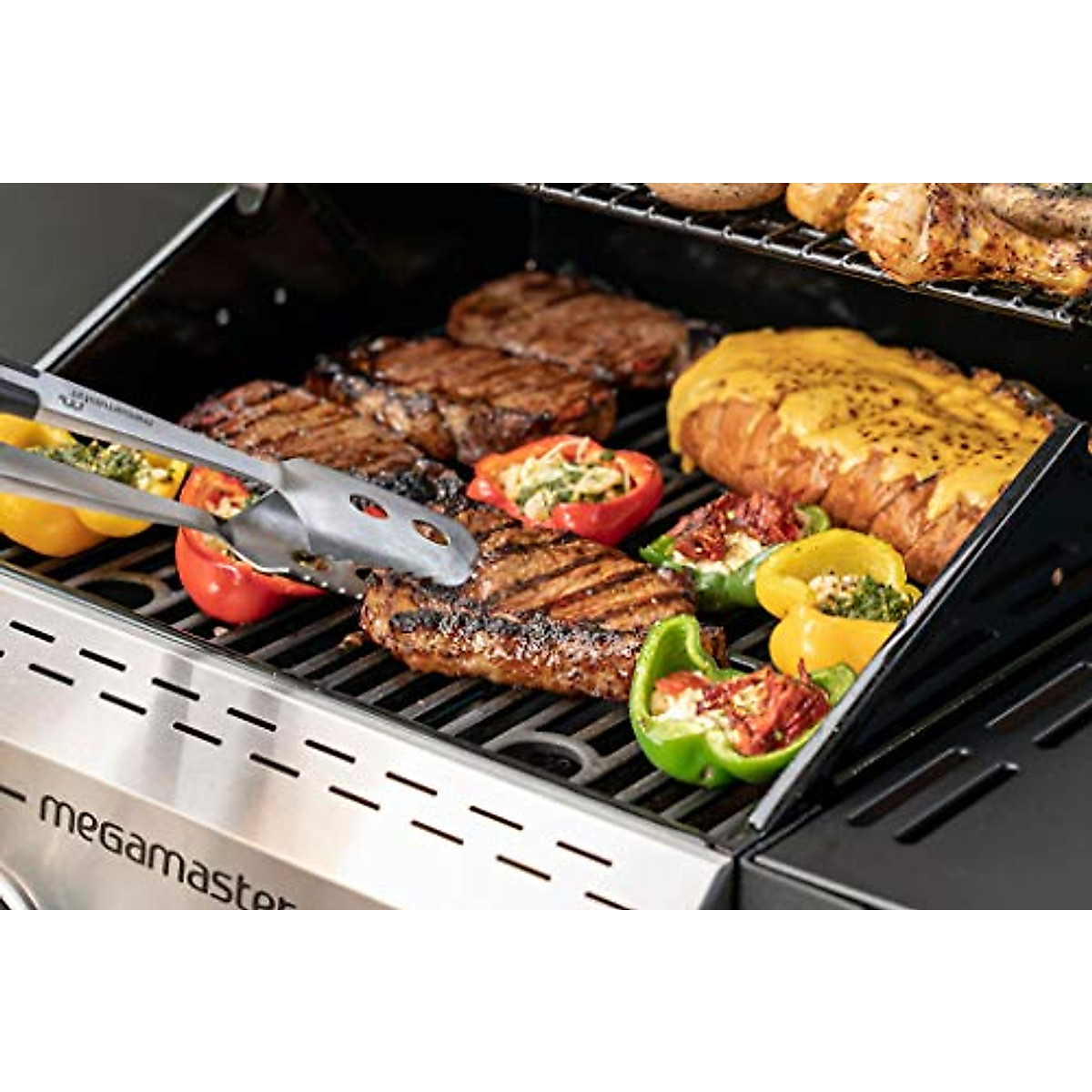 Megamaster 720-0864MA 2 Burner Propane Barbecue Gas Grill, for Camping, Outdoor Cooking, Patio, Garden Barbecue Grill, 28000 BTUs, with Foldable Side Table, Silver and Black