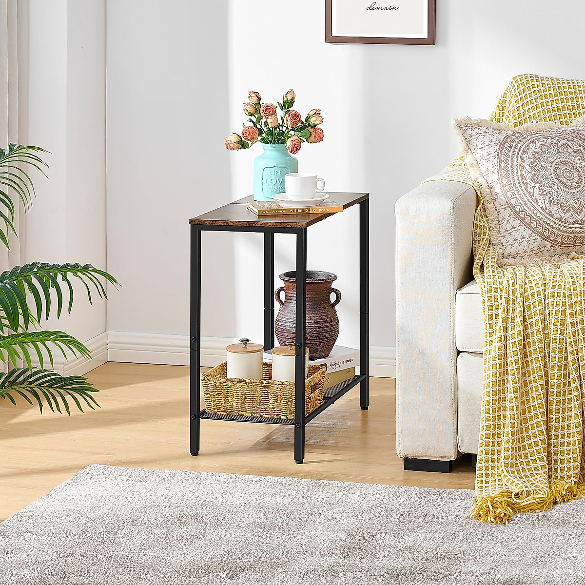 Hoctieon 2 Tier End Table, Sofa Side Table, Narrow Side Table with Storage, Slim Nightstand for Small Spaces, Metal Frame, for Living Room, Bedroom, Sofa Couch, Hall, Rustic Brown, 2 Set