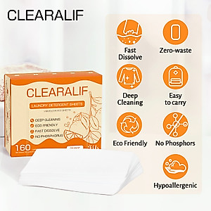 CLEARALIF Laundry Detergent Sheets Up to 160 Loads, Orange - Great For Travel, Apartments, Dorms,CLEARALIF Laundry Detergent Strips Eco Friendly & Hypoallergenic