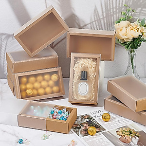 BENECREAT 12Packs Large Rectangle Brown Kraft Boxes Heavy Duty Gift Box with Clear PVC Windows 6.5x4x1.5 for Party Favor Treats, Bakery, Jewelry, Wedding Gift Packaging