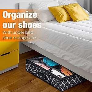 Berlune Set of 4 Under Bed Shoe Storage Organizer, Fits Total 48 Pairs Fabric Shoe Containers Box with Clear Cover and Handles Breathable Shoe Storage Bins Shoe Storage Bag, 29.5 x 23.2 x 5.1 Inches