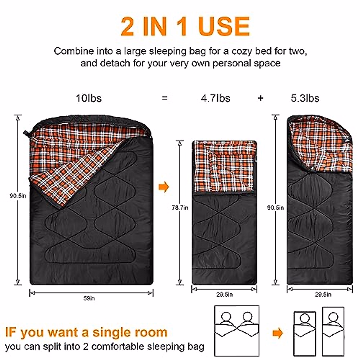 AGEMORE Cotton Flannel Double Sleeping Bags for Adults, 2 Person Waterproof Queen Size Sleeping Bag, Double Wide and Warm for Family or Couples Cold Weather Outdoor Camping or RV Traveling