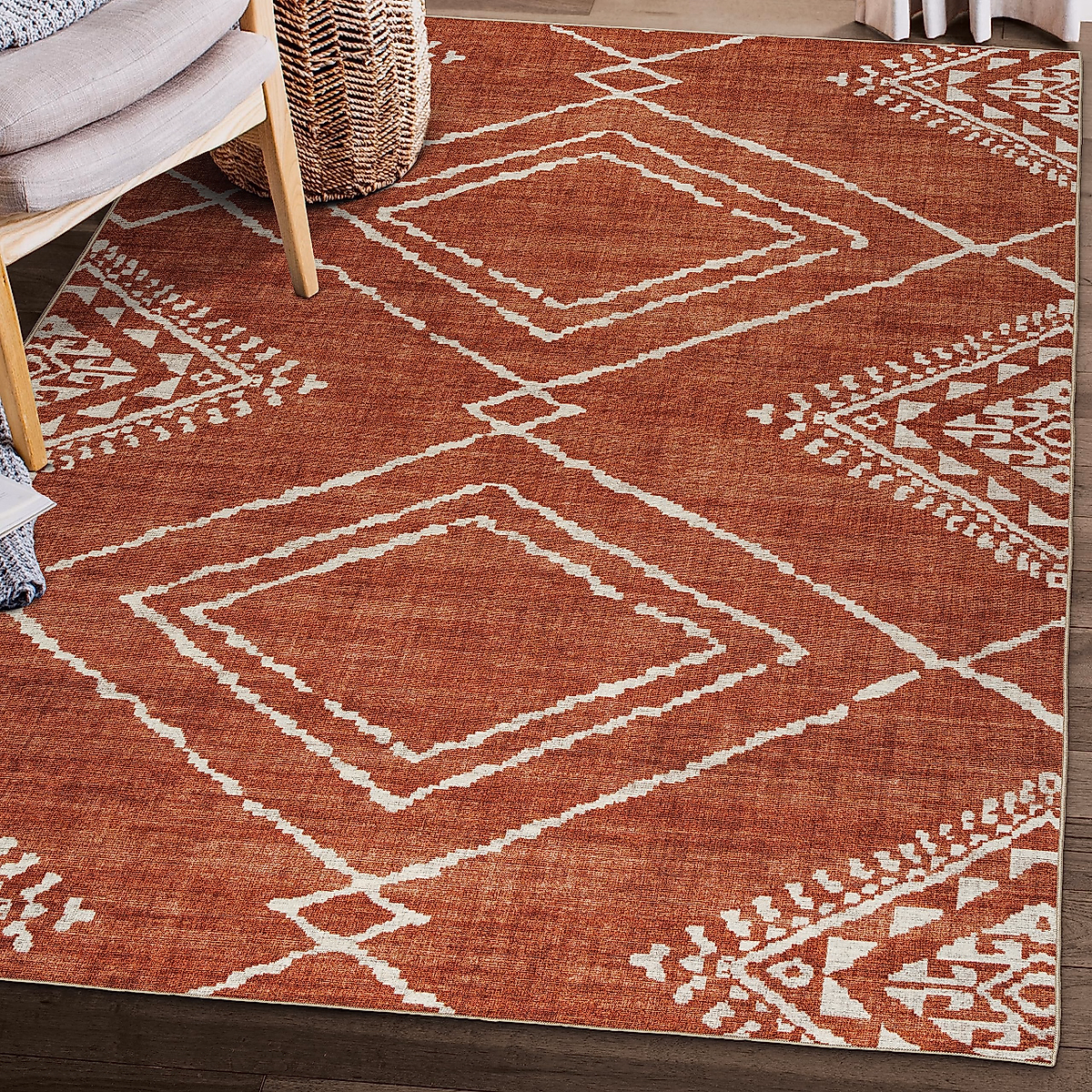 ReaLife Machine Washable Area Rug Runner - Living Room Bedroom Bathroom Kitchen Entryway Office - Padded Low Pile Stain Resistant Premium - Moroccan Diamond Tribal - Jax - Orange 3' x 5'