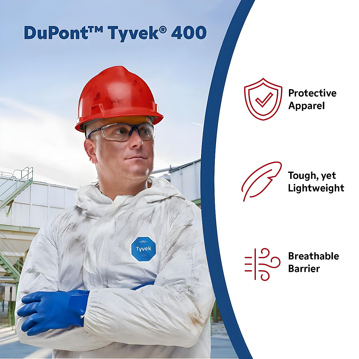 DuPont Tyvek 400 TY127S Individually Packed Disposable Protective Coverall with Hood and Elastic Cuff for PPE Vending Machines, White, Large (Retail Pack of 1)