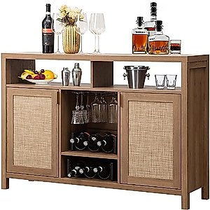 SICOTAS Coffee Bar Cabinet, 51" Rattan Sideboard Buffet Cabinet with Storage, Boho Farmhouse Liquor Cabinet with Wine Racks Credenza Console Buffet Table for Home Living Dining Room Entryway, Natural