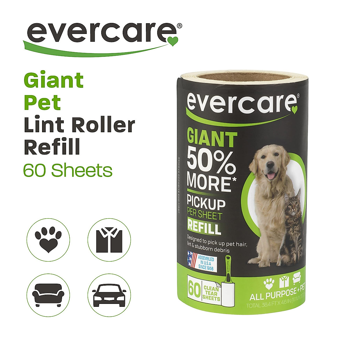 Evercare Giant Extreme Stick Lint Roll Refills, 60 Count (Pack of 1)