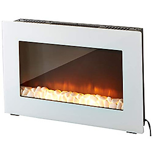 Cambridge Callisto 30 Inch Wall Mounted Flat Panel Electric Fireplace Heater with Remote Control, Realistic Flames, and Crystal Rock Display for Living Room, Bedroom, Home Office, White