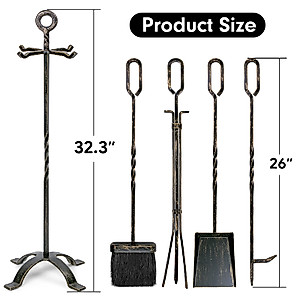 AMAGABELI GARDEN & HOME 5 Pieces Fireplace Tools Sets Wrought Iron Fireplace Set Antique Brass Copper with Poker Tongs Broom Shovel Stand Indoor Fire Place Kit Wood Stove Hearth Accessories Gold