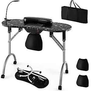 Giantex Nail Table for Nail Tech, Portable Manicure Table with Electric Dust Collector, USB-plug LED Lamp, Wrist Rest, 4 Lockable Wheels, Foldable Nail Desk with Carry Bag (Black)