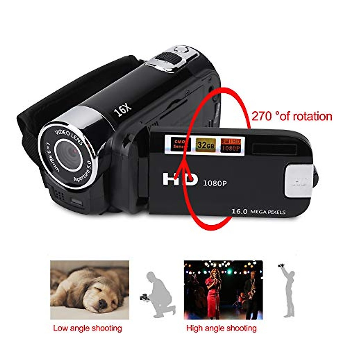 Handheld Video Camcorder FHD 16x Digital Zoom, Tragbar DV Digital Camera with COMS Sensor, Builtin Speaker, 270 ° Rotary Screen, Video Camera for Kids(Black)