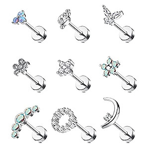 Florideco 9Pcs 16G Cartilage Stud Earring for Women 316L Stainless Steel Screw Flat Back Earrings Butterfly Moon Flower Crawler Helix Tragus Daith Piercing Jewelry Sliver