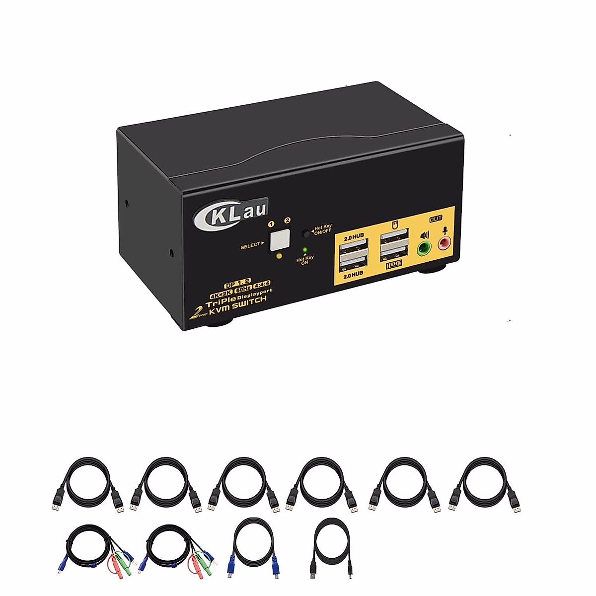 CKLau Dual Port Triple Monitor KVM Switch Displayport with Audio Output, USB 2.0 Hub and Cables Support Extended Display Resolution Up to 4096x2160@60Hz 4:4:4