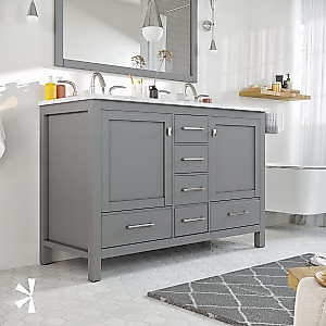Eviva 48 Inch Bathroom Vanity with Sink-Gray Bathroom Vanity with Carrara Marble Top -Freestanding Double Sink Bathroom vanities with Spacious Storage -Bathroom Sink Cabinet and Wood countertop Combo