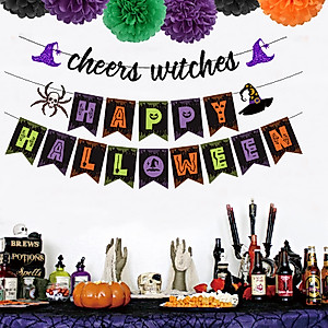 Black-Orange Green-Purple Halloween Party-Decorations - 8pc Kit Happy Halloween Banner, Tissue Flower Paper Pom Poms Streamers,Cheers Witches Garland,Birthday Bachelorette Baby Shower Lasting Surprise
