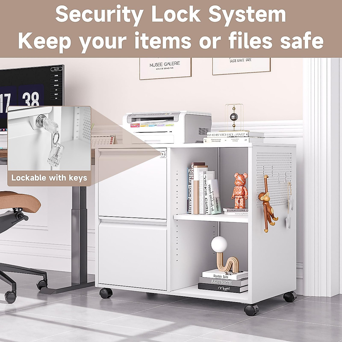 AFAIF Lateral File Cabinet, 2 Drawer File Cabinet with Lock, Printer Stand with Storage, Metal Mobile Filing Cabinet Home Office Organization Furniture for Letter/A4 Size Files