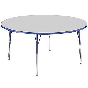Factory Direct Partners 10047-GYBL Round Activity School and Office Table (60"), Standard Legs with Swivel Glides, Adjustable Height 19-30" - Gray Top and Blue Edge