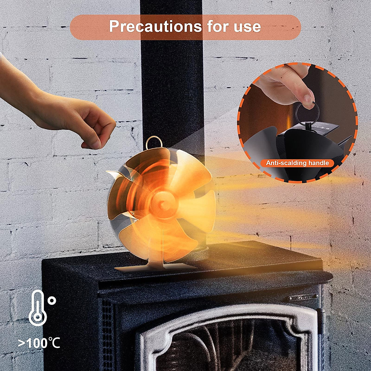 Ahageek Fire Fans for Stove, 6-Blades Stove Fan Silent Operation with Stove Thermometer for Wood/Log Burners/Fireplace Fan/Eco Friendly & Increased Efficient for Large Room