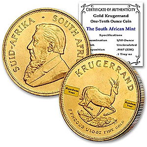 1967 - Present (Random Year) ZA 1/10 oz South African Gold Krugerrand Coin Brilliant Uncirculated with Certificate of Authenticity 22K 1/10R BU