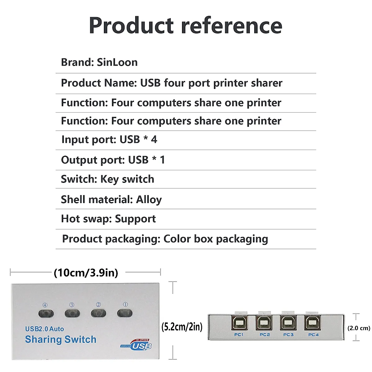 SinLoon Printer Splitter,USB Printer Sharing Switch4 Ports,4 PCs Share 1 USB Device,High Speed Sharing Switcher Printer Scanner External(1 to 4)
