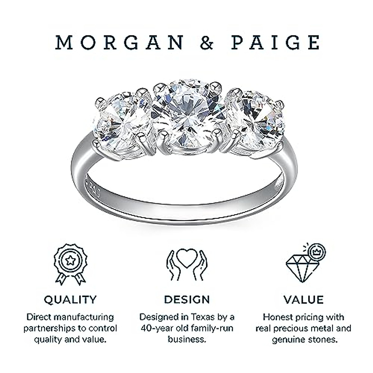 MORGAN & PAIGE Round Cut Cubic Zirconia Ring - Prong-Set Three Stone Engagement Ring/Promise Rings For Women With Real 925 Sterling Silver Band - Size 6