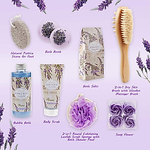 Luxury Spa Gift Baskets for Women in Lavender Essential, Christmas Birthday Gifts for Mom, 18pcs Bath Body Home Spa for Pampering Self Care with Bubble Bath Lotion Massager Roller Loofah scrubber