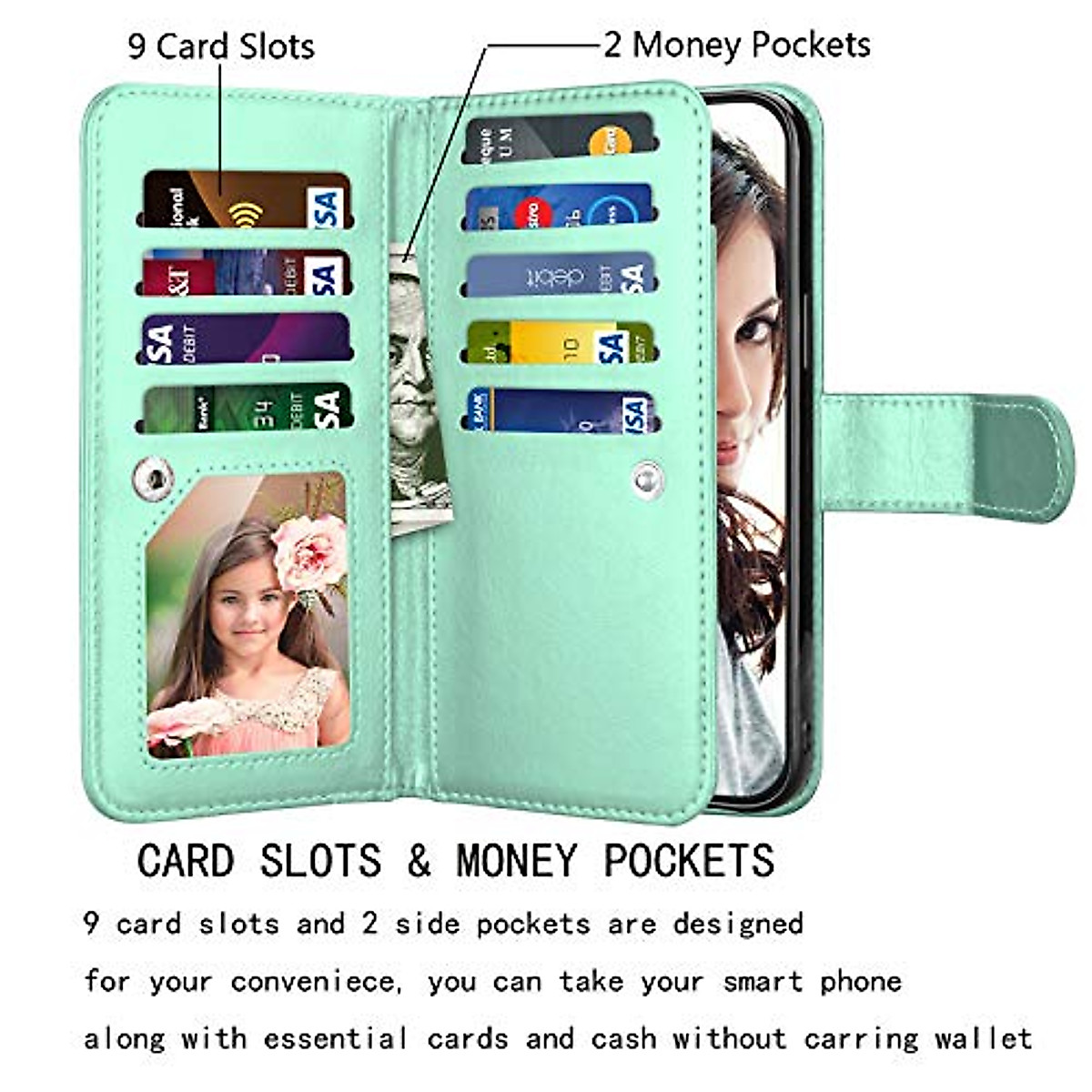 Njjex Compatible with iPhone 12 Mini Case/iPhone 12 Mini Wallet Case 5.4" (2020), [9 Card Slots] PU Leather ID Credit Holder Folio Flip [Detachable] Kickstand Magnetic Phone Cover & Lanyard -Turquoise
