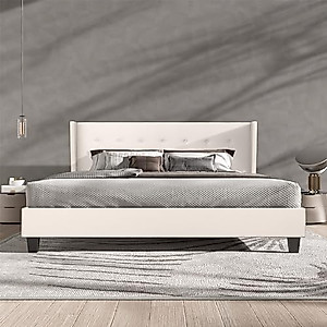 BONSOIR Bed Frame Upholstered Traditional Low Profile Platform with Wing Back Headboard/No Box Spring Needed/No Bed Skirt Needed/Linen Fabric Upholstery/Sand (Cream, Queen Size)