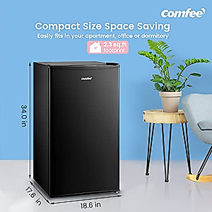 COMFEE' CRM33S3ABB 3.3 CuFt mini fridge Singel Door small Fridge for Bedroom Office Garage Studio Dorm, mini Refrigerator Black