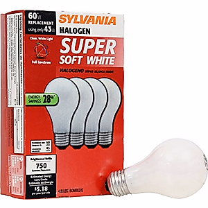 SYLVANIA Halogen A19 Light Bulb, 43W=60W Equivalent, E26 Medium Base, 600 Lumens, 100 CRI, 2700K Soft White - 4 Pack (50005)