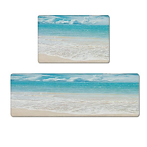ARTSHOWING Ocean Themed Kitchen Rugs Anti Fatigue Mat Set of 2 PVC Waterproof Oil Proof Non Slip Cushioned Floor Mats Kitchen Rugs and Mats for Sink Laundry Area Rug Carpet Blue Sky White Cloud Beach