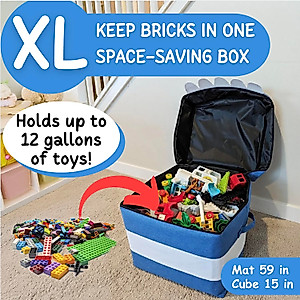 Toy Storage Organizer with Play Mat - XXL Monster Storage Bag/Box for Kids, Boys, Girls, Nursery, Playroom - Basket for Building Bricks/Blocks - Collapsible Fabric Cube Bin, 15"x15"x15"
