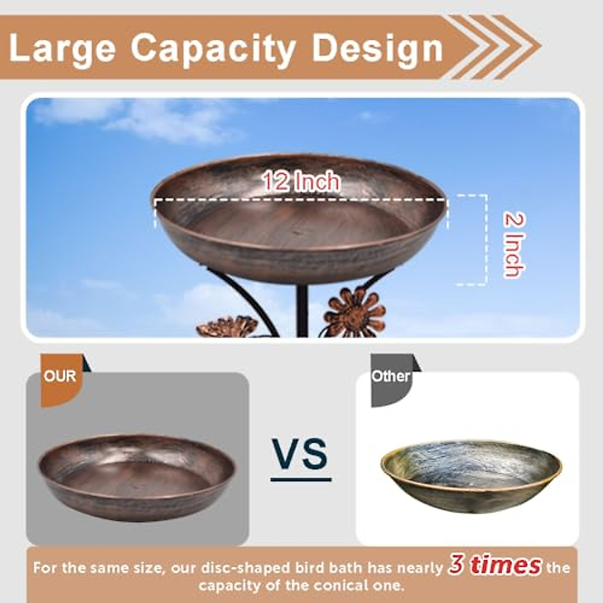 OUISJYER Metal Bird Baths for Outdoors, 12" Dia Bowl with Stake Birdbaths Garden Yard Lawn Decor Brown