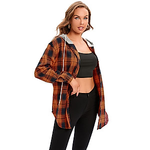 Womens Flannel Shirts Long Sleeve Oversized Boyfriend Shirts Button Down Plaid Hoodie Orange