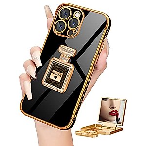 Buleens for iPhone 12 Pro Max Case with Metal Perfume Bottle Mirror Stand, Cute Women Girly Heart Cases for 12 Pro Max Case, Elegant Luxury Phone Cover for iPhone 12 Pro Max Case 6.7'' Black