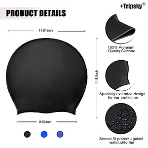 Tripsky Extra Large Swim Cap for Women Men,Waterproof Silicone Swimming Caps Ideal for Long Hair, Thick Curly Hair & Dreadlocks Braids Weaves Afro Hair - Keep Hairstyle Unchanged (Black)