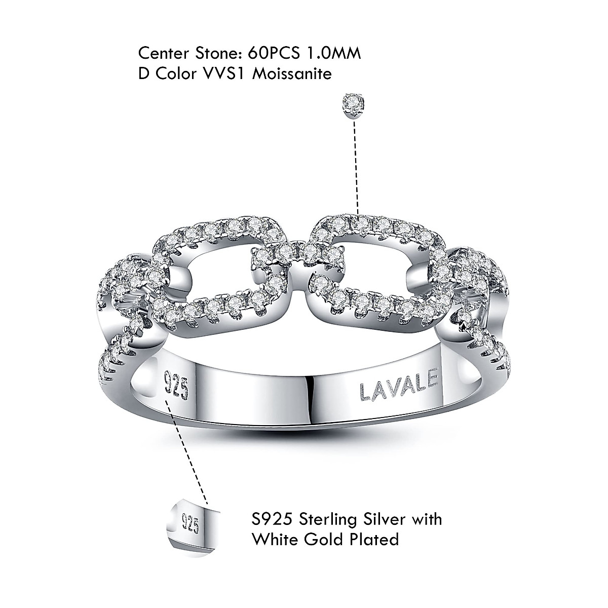 LAVALE Moissanite Wedding Band for Women,Twist Link D Color VVS1 Lab Created Diamond Rings,Half Eternity Stackable Band Ring,S925 Sterling Silver Chain Link Ring, 9, Metal, Moissanite