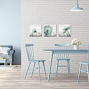 3 Piece Framed Canvas Wall Art Teal Dandelion on Rustic Grey Background Canvas Prints Home Artwork Decoration for Living Room Bedroom Farmhouse Decor 12x12x3 Panels (Small)