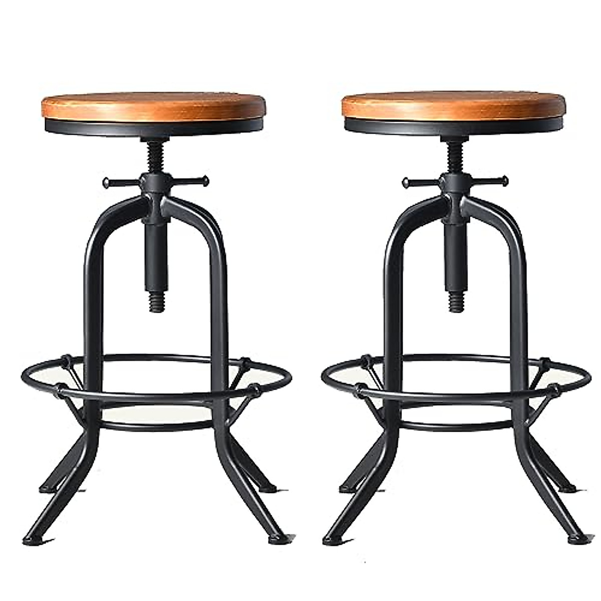 Lisuden Industrial Farmhouse Bar Stools Set of 2, Black Metal Base, Wood Seat, Adjustable Height 24.8-30"