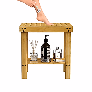 Glavbiku Bamboo Shower Bench, Shower Chair with Non-Slip Feets Storage Shelf Safe and Stable, Kids Adults Wooden Stool for Home, Bathroom, Bedside, Living Room