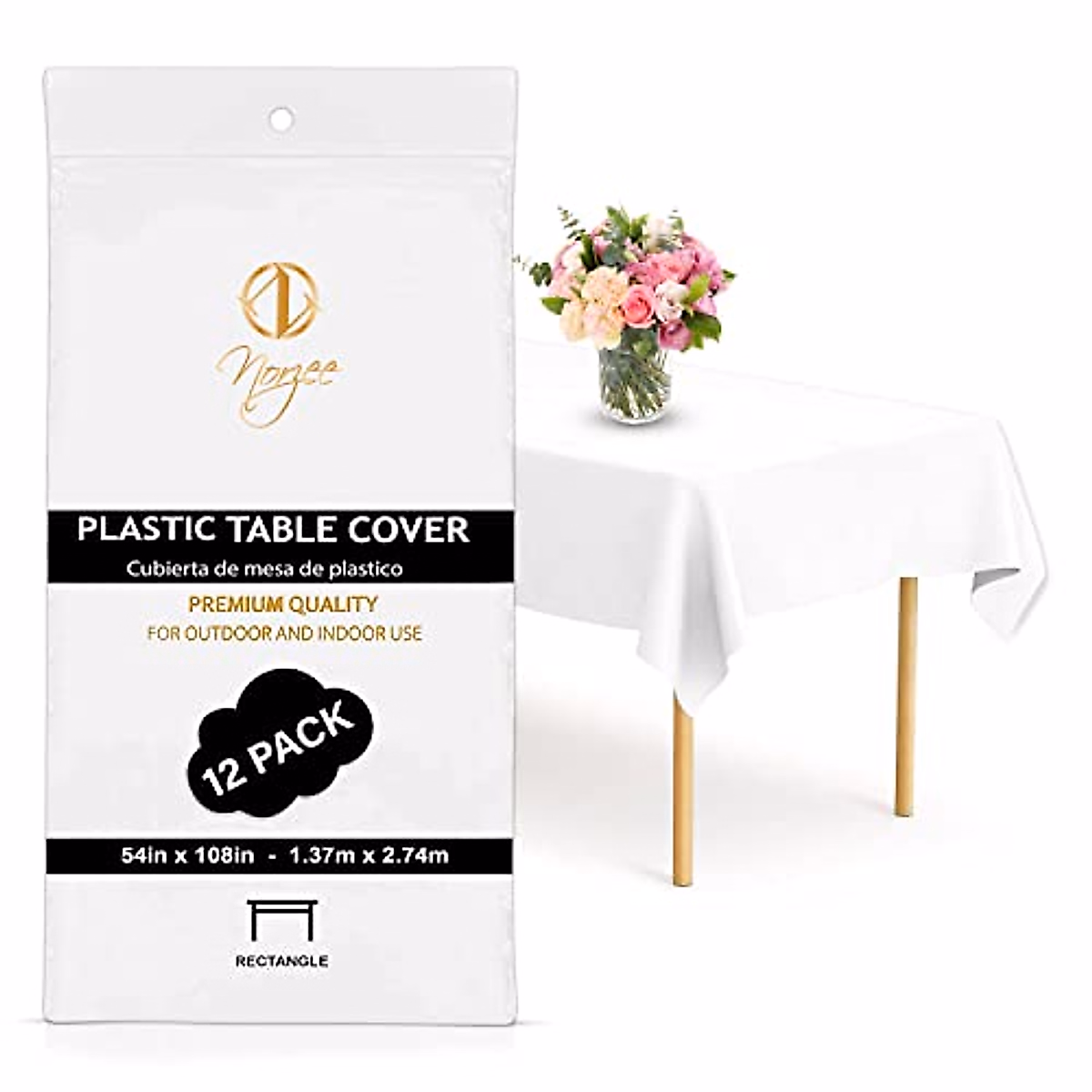 NORZEE 12-Pack White Premium Disposable Plastic Tablecloths, 54" x 108" Plastic Table Cloths for Parties Disposable, Decorative Rectangle Table Cover