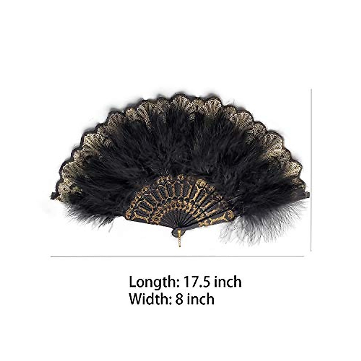 HAPPY FEATHER Embroidered Flower Marabou Feather Fan, 1920s Vintage Style Flapper Hand Fan for Costume Party Dancing-Black
