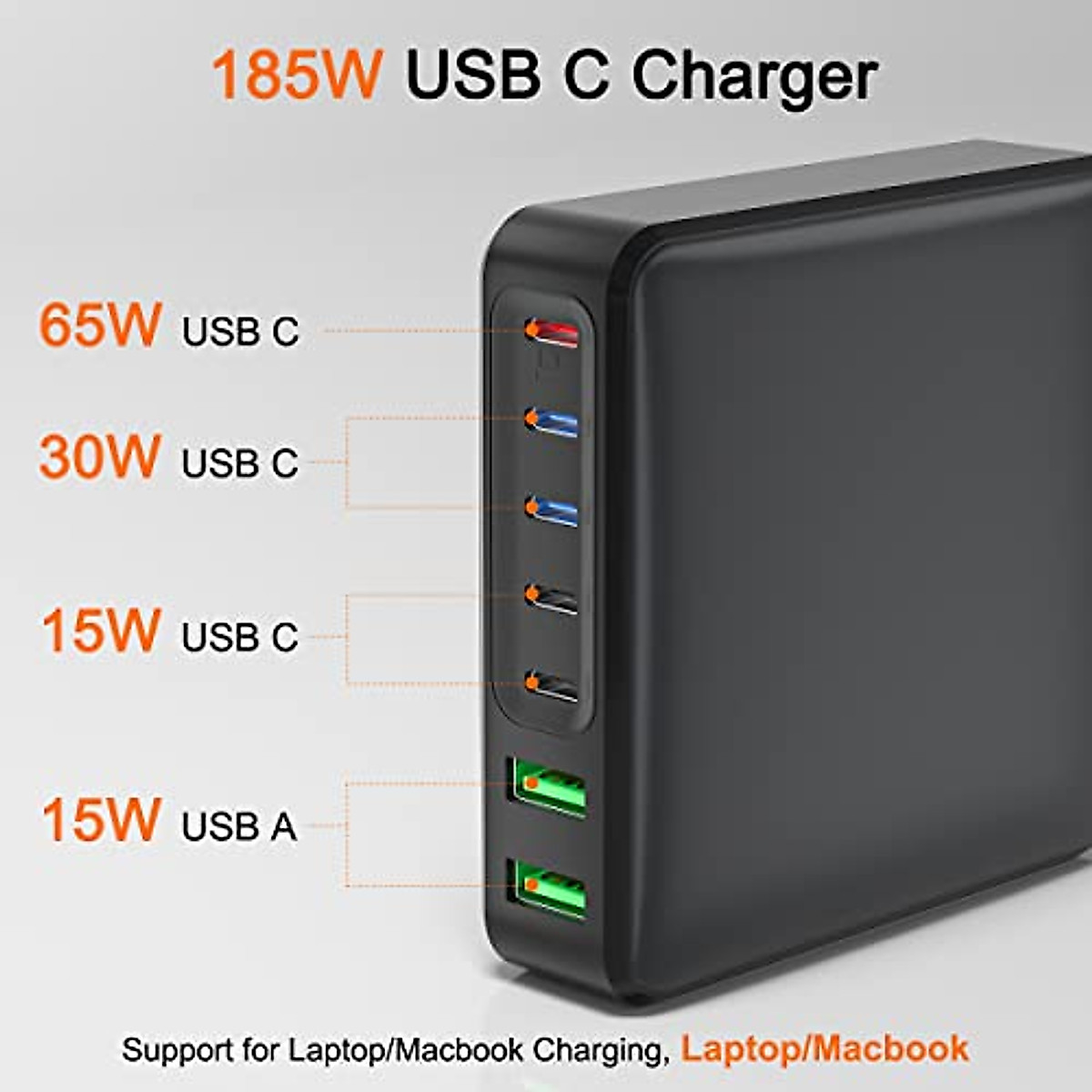 USB C Charger, 185W 7-Port USB C Charging Station with 5 USB-C Ports +2 USB-A Ports, USB C Wall Fast Charger for MacBook Pro/Air,iPhone 14/13/Mini/Pro/13Pro Max/12 Samsung Galaxy and More