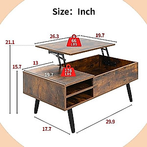 PayLessHere Lift Top Coffee Table with Adjustable Storage and Hidden Compartment Small Wood Coffee Table Center Table for Home Living Room Office Apartment Reception Room,Brown